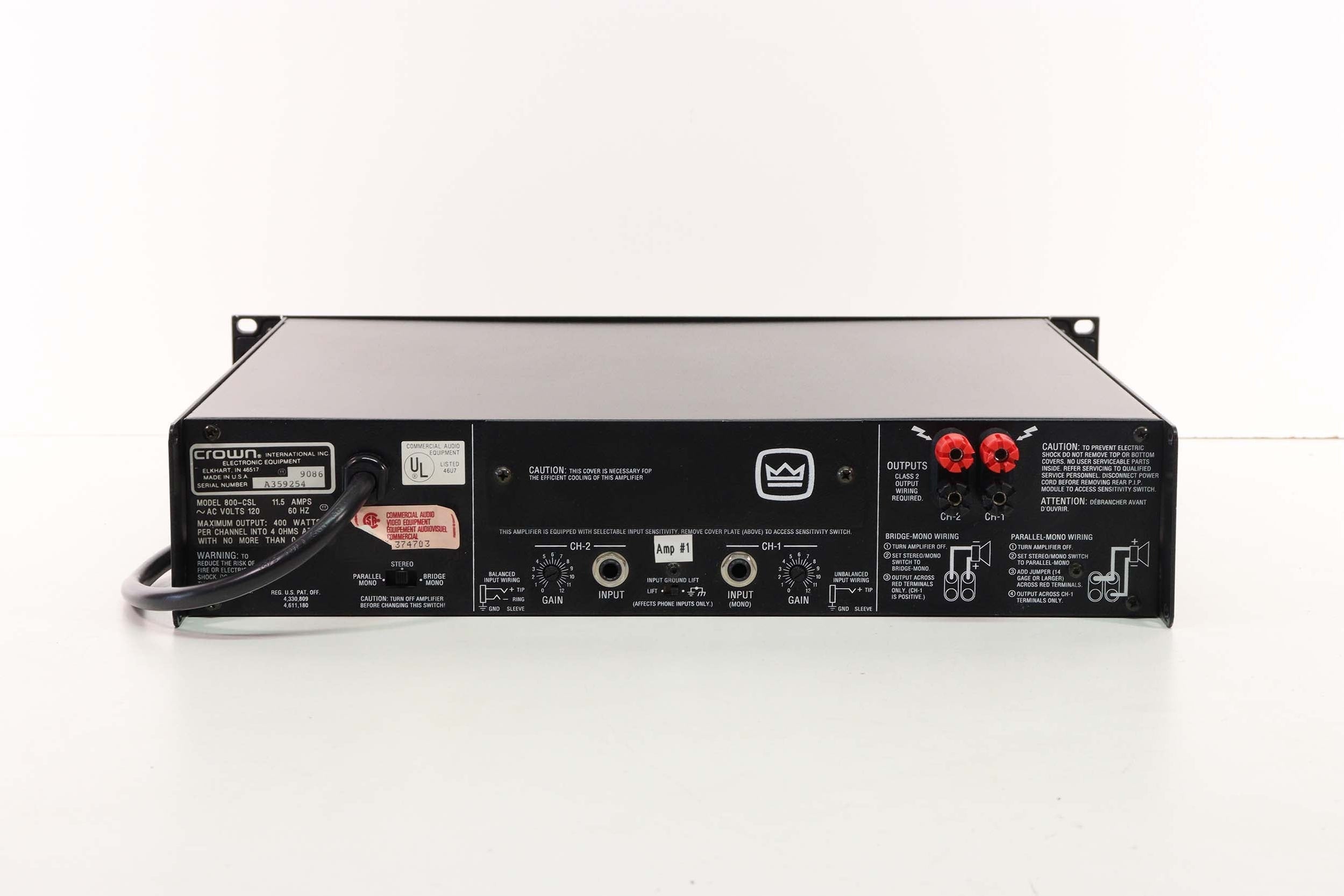 Crown 800 CSL Power Amplifier 400 Watts Per Channel into 4 Ohms at 1Kh ...