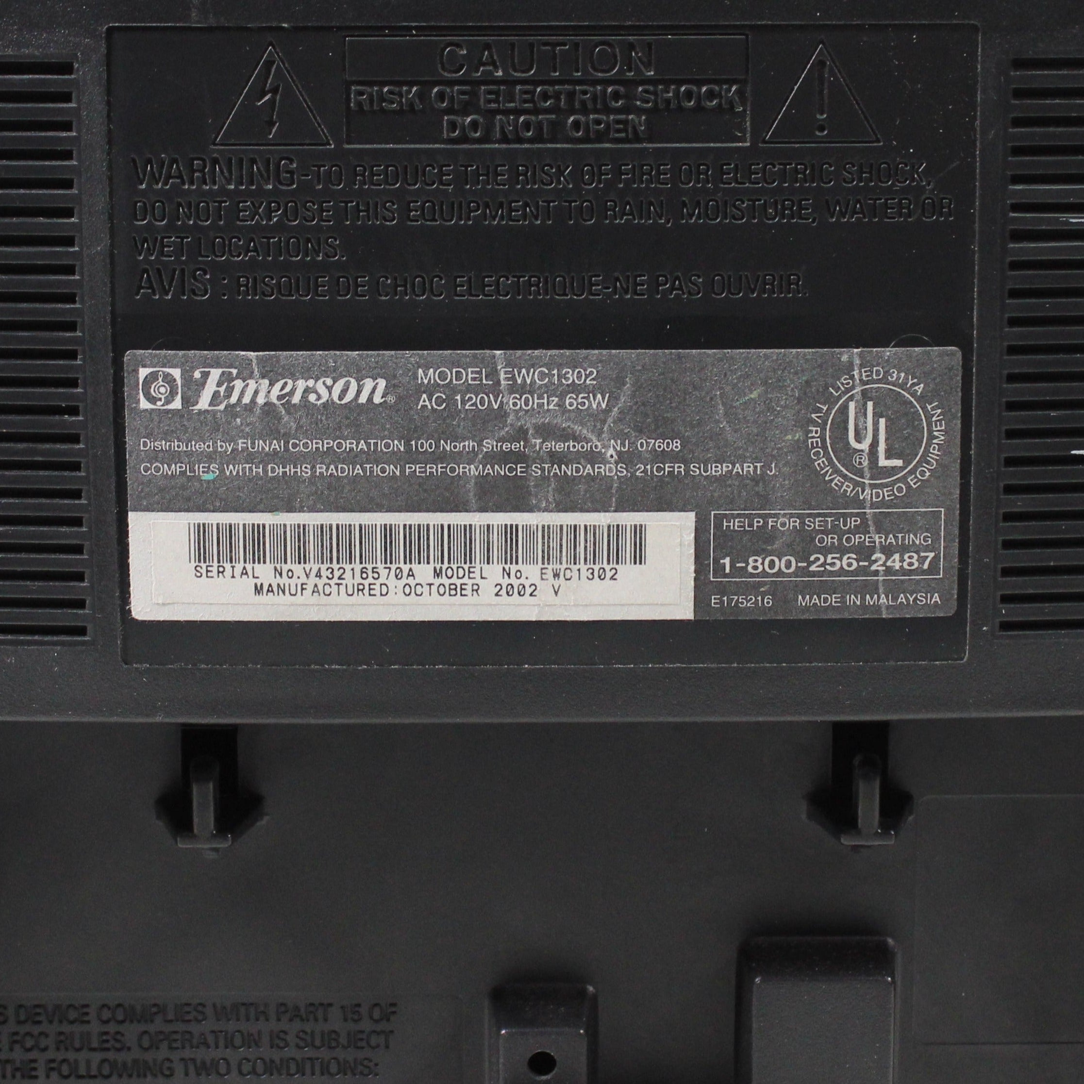 Emerson EWC1302 13" Retro CRT TV VCR Combo VHS Player (2002 ...