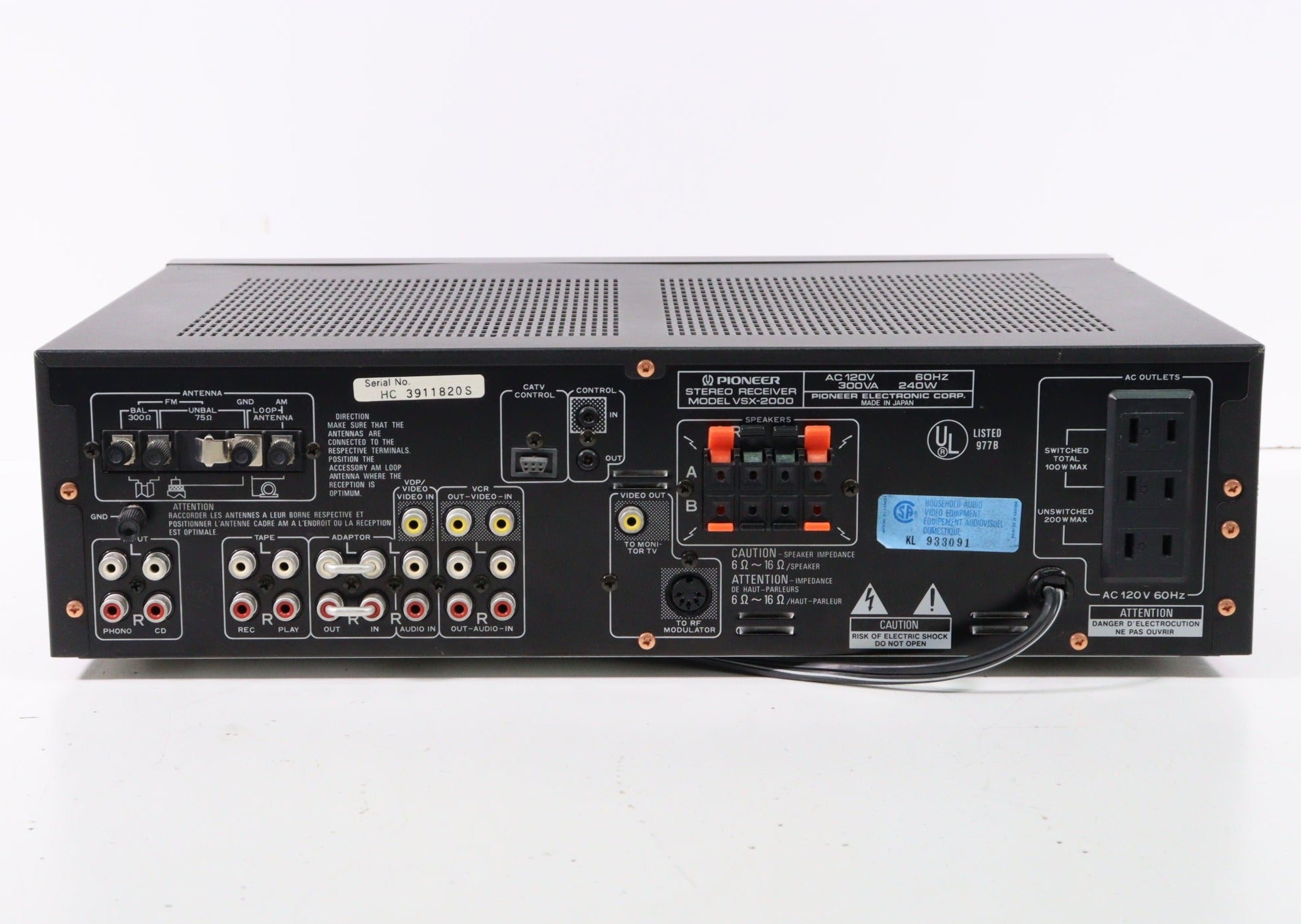 Pioneer VSX-2000 AV Audio Video Stereo Receiver (NO REMOTE)