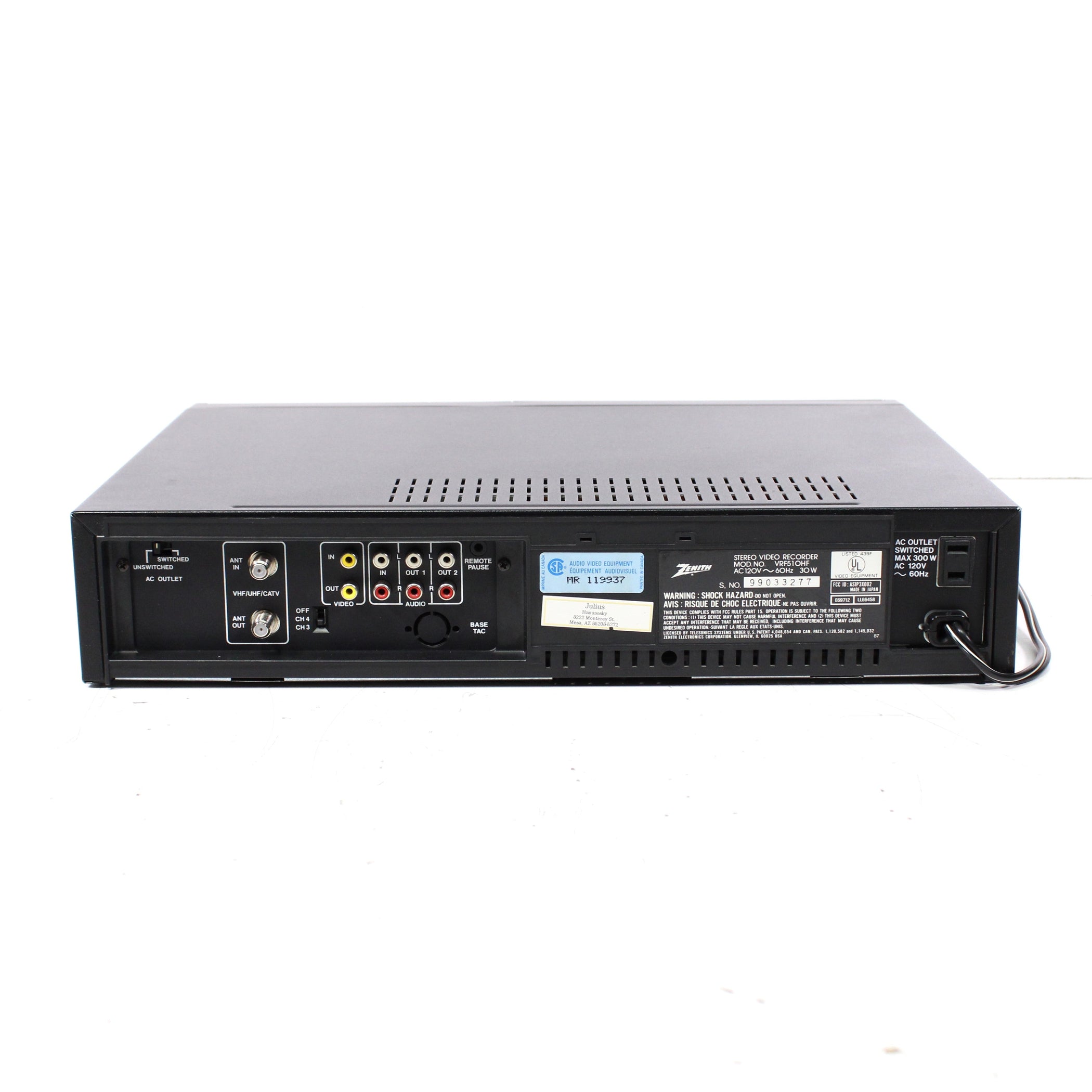 Zenith VRF510HF Rare 4-Head Double Azimuth Hi-Fi VCR VHS Player ...