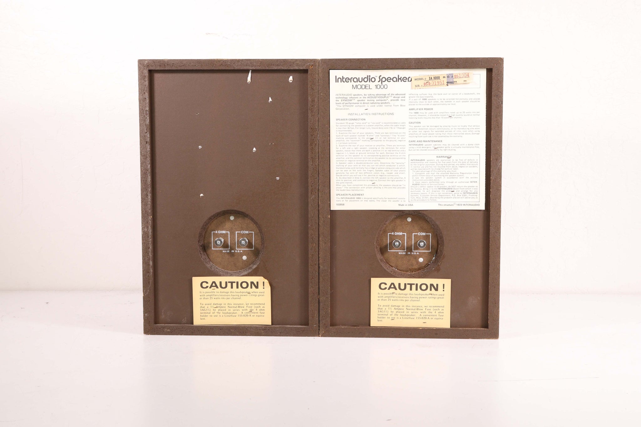 Interaudio Speakers Model IA-1000 1000 Bookshelf Pair 4 Ohms 25 Watts